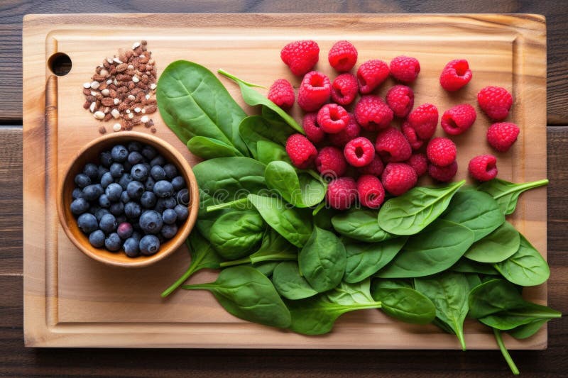 Overhead Shot of Spinach and Fresh Berries on a Board Stock Image ...