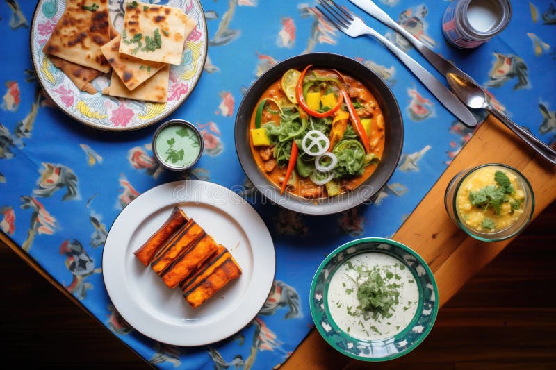 Overhead Shot of Table with Full Indian Meal and Paneer Stock Image ...