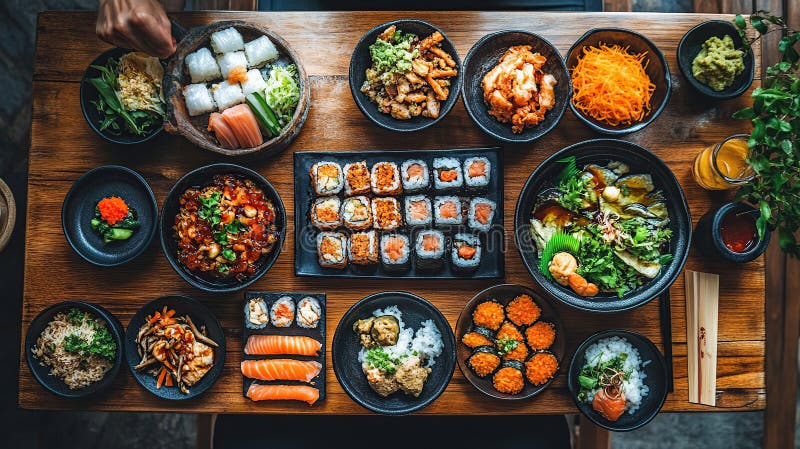 Overhead Shot of a Table Laden with a Variety of Asian Dishes ...