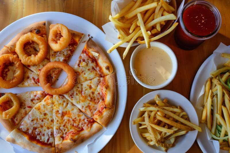 Overhead Shot of a Table with Pizza, Fries, and Onion Rings Stock Image ...