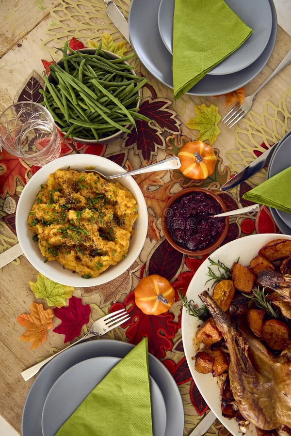 Overhead Shot of Table Set for Thanksgiving Meal with Turkey and ...