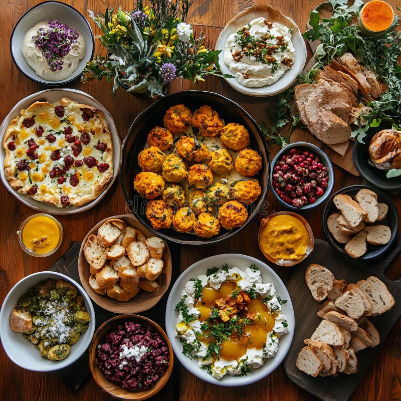 Overhead Shot of a Thanksgiving Table with a Variety of Appetizers and ...