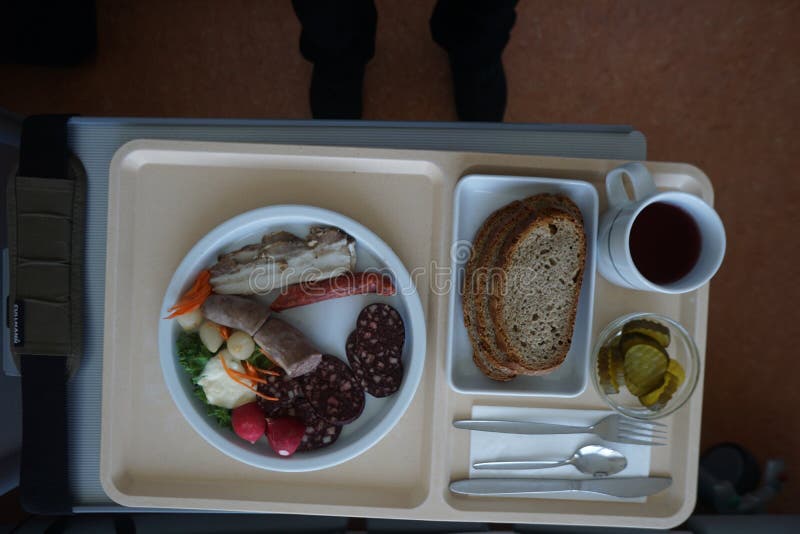 Overhead Shot of a Tray of Food and a Cup of Coffee Stock Photo - Image ...