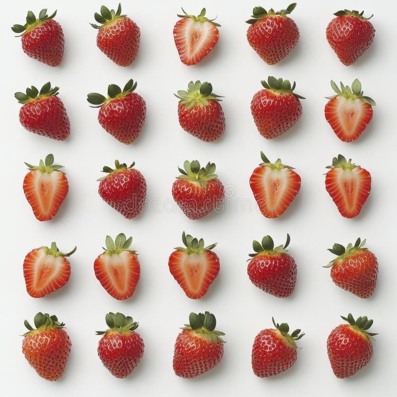 Twenty Five Ripe Red Strawberries in Grid Pattern on White Background ...