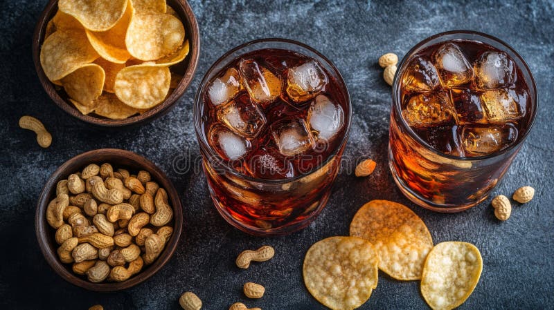 Overhead Shot of Two Glasses of Cola with Snacks Stock Illustration ...