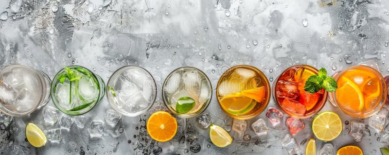 Overhead Shot of a Variety of Refreshing Drinks with Ice on a Textured ...