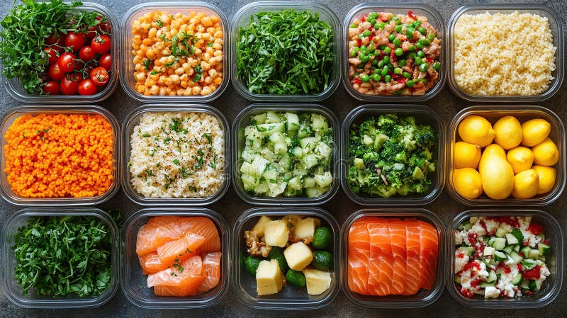 Overhead Shot of Various Healthy Meal-prepped Ingredients in Clear ...