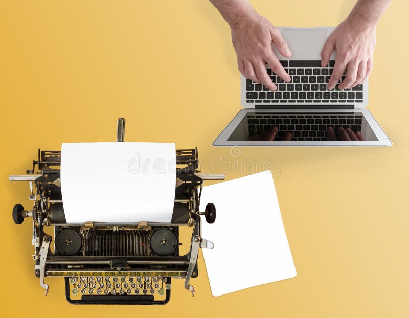 Overhead Shot of Vintage Manual Typewriter and Man Typing on Notebook ...