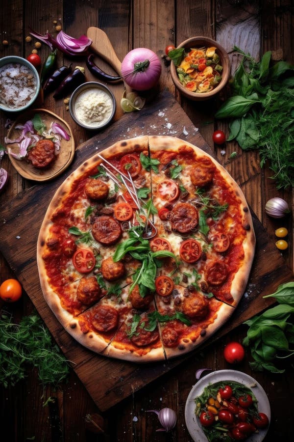 Overhead Shot of a Whole Pizza on a Rustic Wooden Table Stock ...