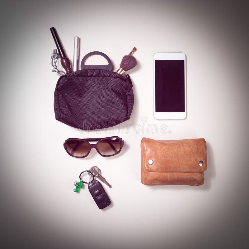 Overhead Shot of Woman Stuff Isolated on White Stock Photo - Image of ...