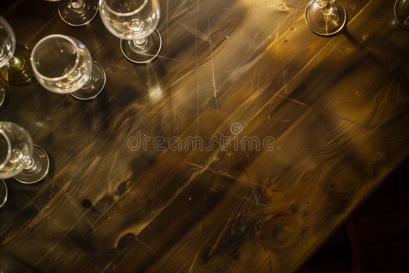 Overhead Shot of a Wooden Table with Empty Glasses Stock Photo - Image ...