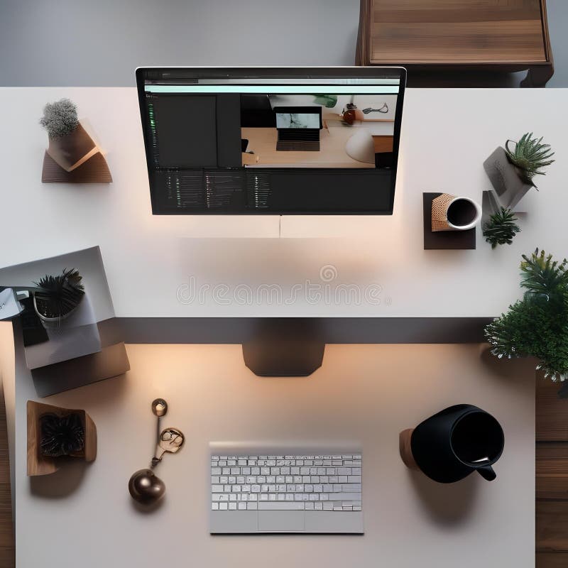Overhead Shot of a Workspace with a Desktop Computer and Coffee Mug3 ...