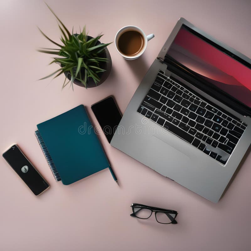 Overhead Shot of a Workspace with a Laptop, Notebook, and Coffee Cup5 ...