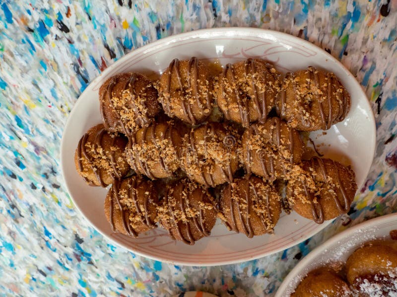 Overhead of Small Chocolate Donuts Stock Photo - Image of meal, dessert ...
