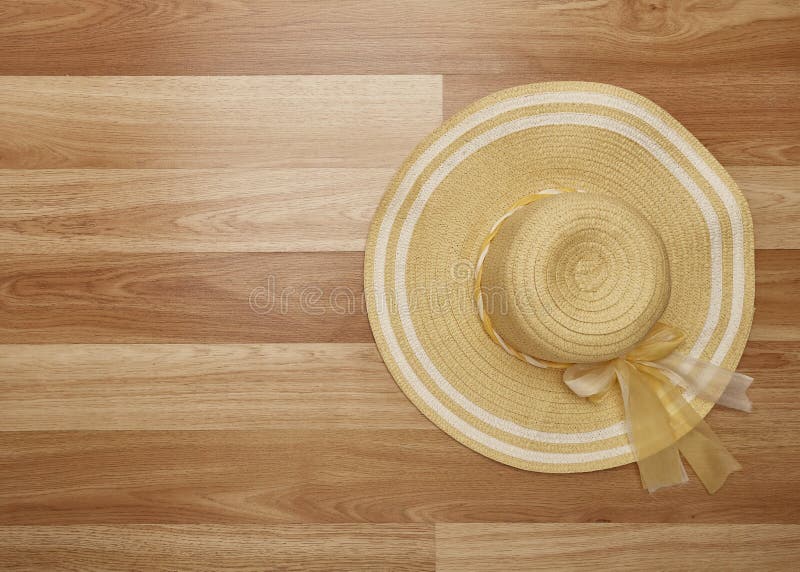 Overhead Straw Hat on Work Desk Wooden Stock Photo - Image of space ...