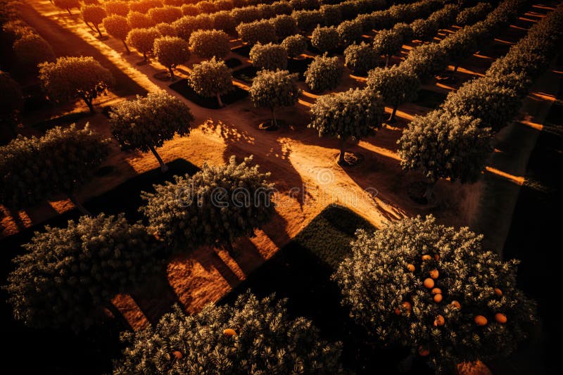 Overhead Sunset Views of an Orange Grove from a Helicopter Stock ...