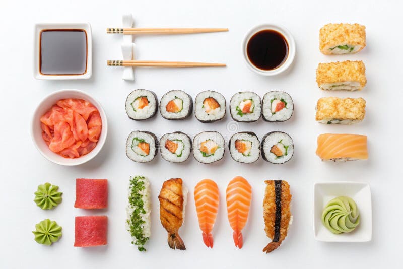 Overhead Sushi Platter, Soy Sauce, Chopsticks, White Background, Menu ...