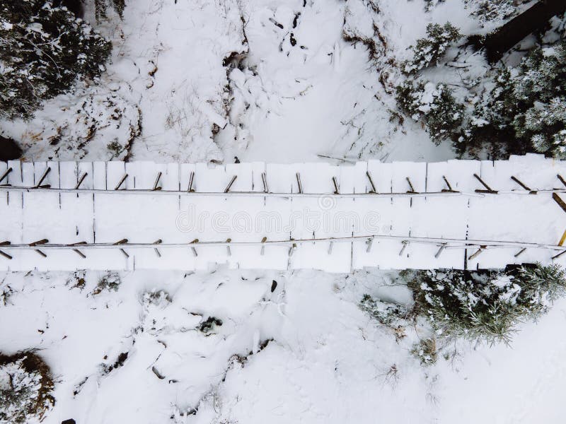 Overhead Top View of Snowed Bridge in the Forest Stock Photo - Image of ...