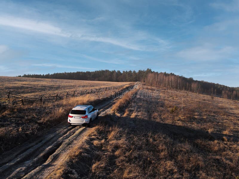 Overhead Top View of the Suv Car Going by Trail Road Stock Photo ...