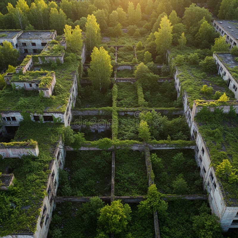 Overhead View of an Abandoned Building Complex Overrun with Lush Green ...