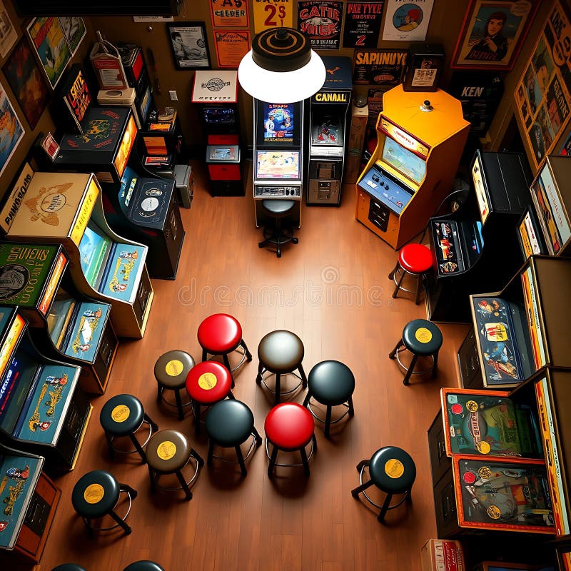 An Overhead View of an Arcade Room with Various Stools Clustered Around ...