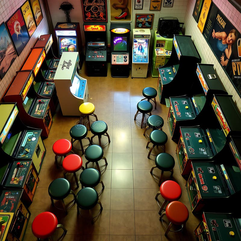An Overhead View of an Arcade Room with Various Stools Clustered Around ...