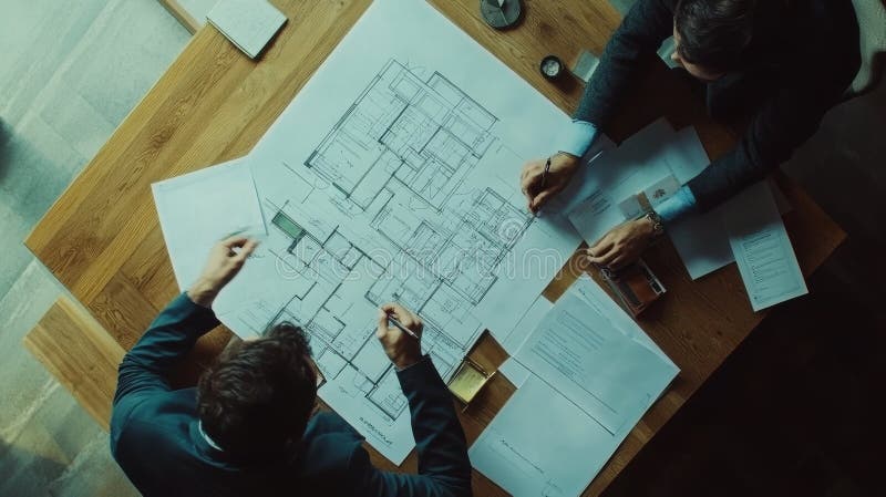 Overhead View of Architects Analyzing Detailed Blueprints Stock Photo ...