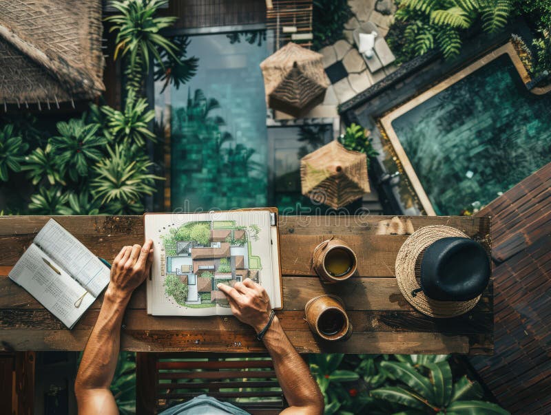 Overhead View of Architectural Plans Surrounded by Lush Tropical ...