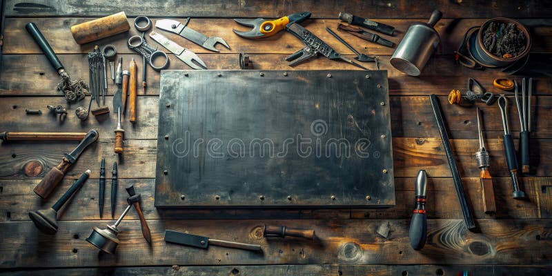 Overhead View of an Array of Vintage Hand Tools Arranged on a Rustic ...