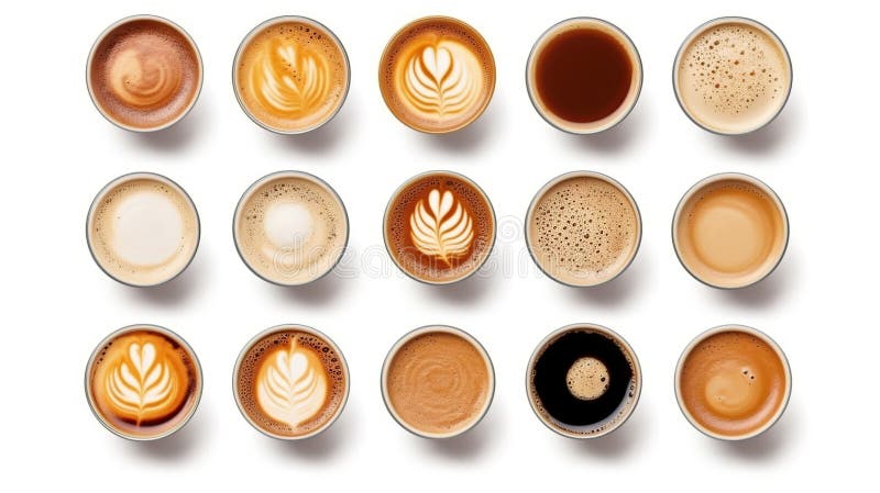 Overhead View of Assorted Coffee Cups with Various Latte Art Designs ...