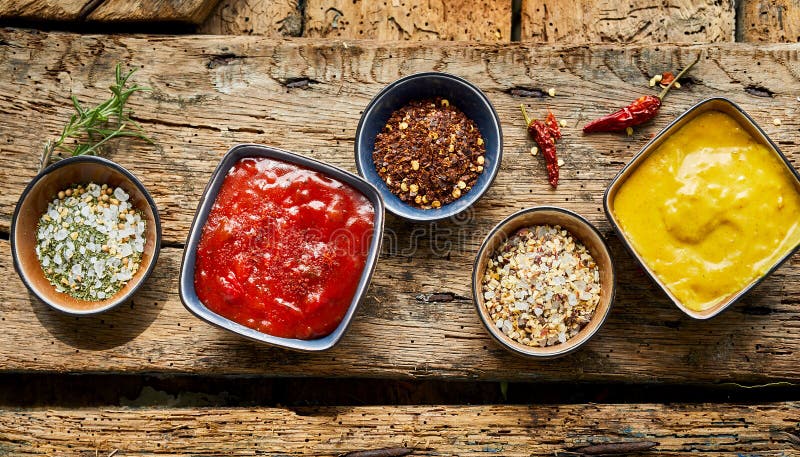 Overhead View of Assorted Condiments for a BBQ Stock Image - Image of ...