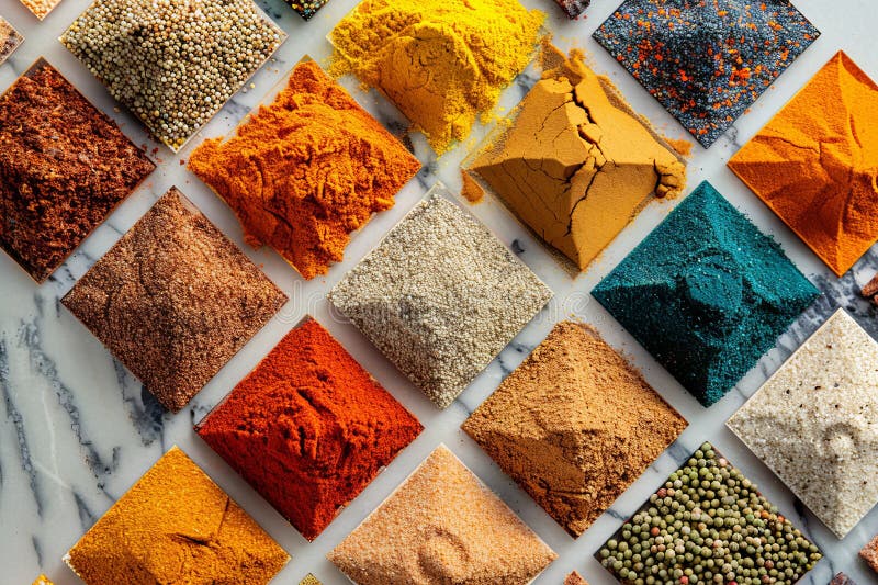 An Overhead View of Assorted Loose Spices Arranged in a Grid on a White ...
