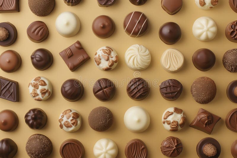 Top View of Assorted Chocolates in Grid Pattern on Golden Background ...