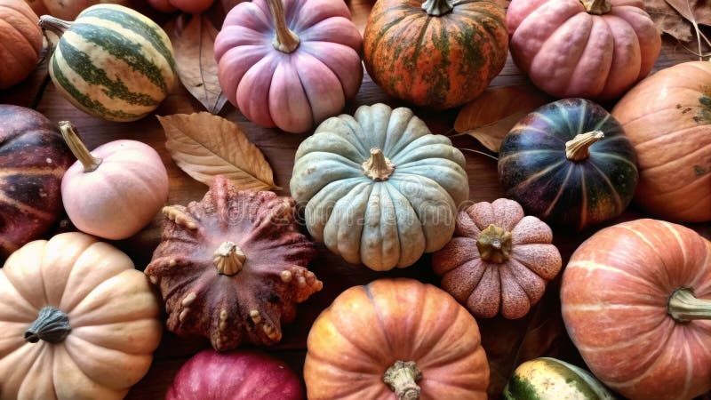 Overhead View Autumn Gourd Composition, Diverse Colors and Textures ...