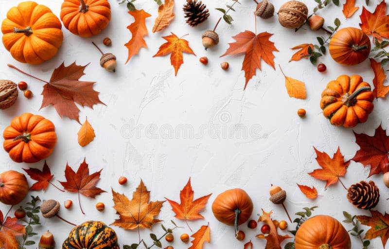 Overhead View of Autumn Leaves and Acorns on White Background Stock ...