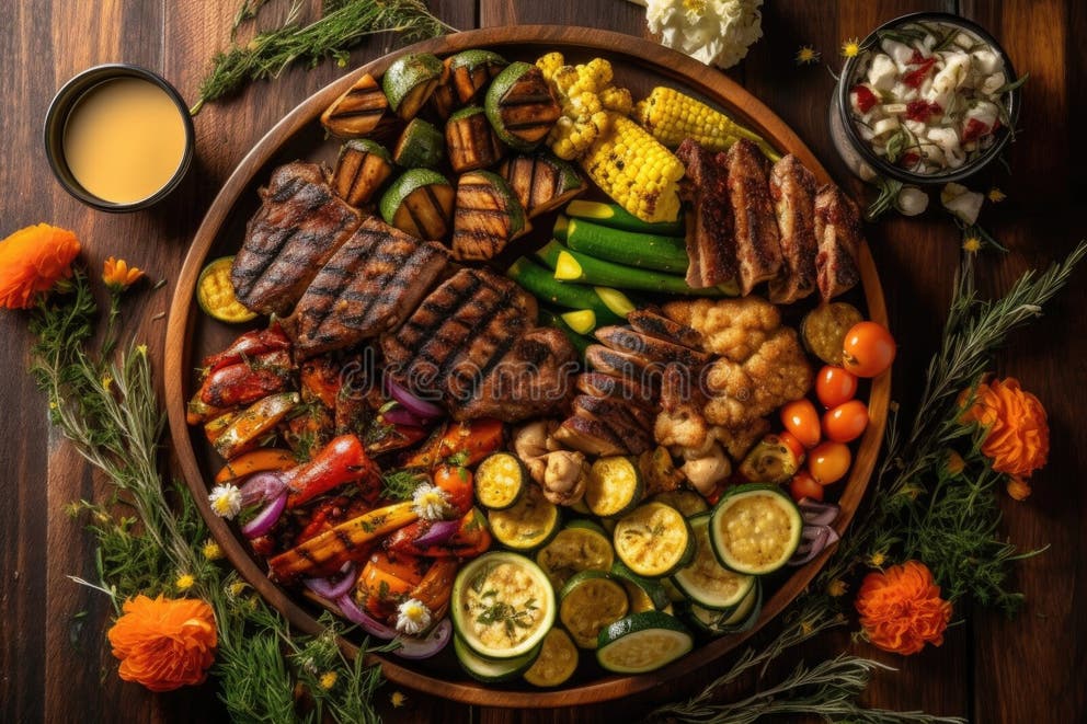 Overhead View of a Barbecue Platter with Grilled Veggies Stock ...