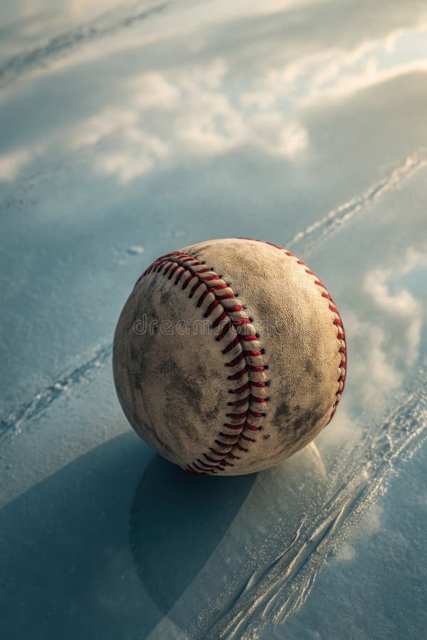 Overhead View of a Baseball Resting on a Smooth Blue Surface Under ...