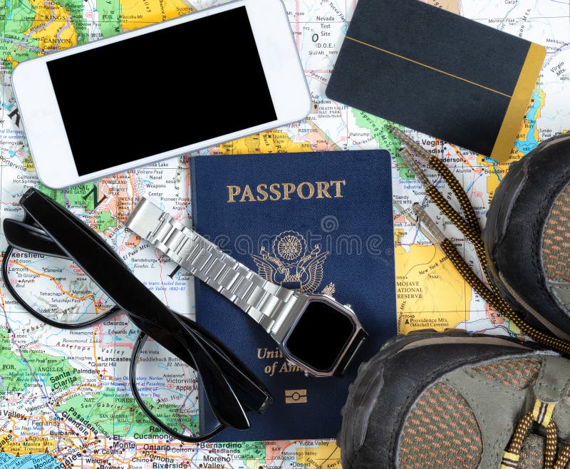 Overhead View of Basic Travel Objects on Map Stock Image - Image of ...