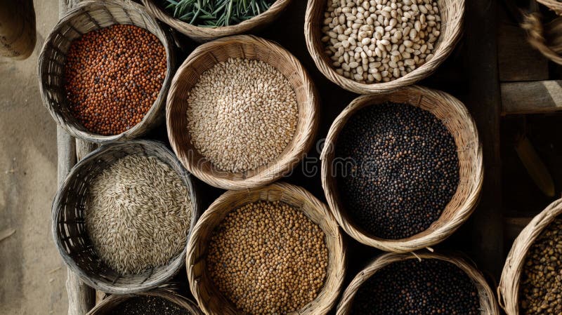 Overhead View of Baskets with Diverse Seeds and Grains Stock Photo ...