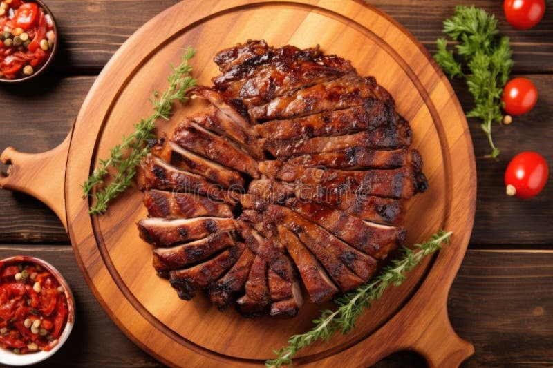 Overhead View of Bbq Ribs on a Round Wooden Plate Stock Image - Image ...