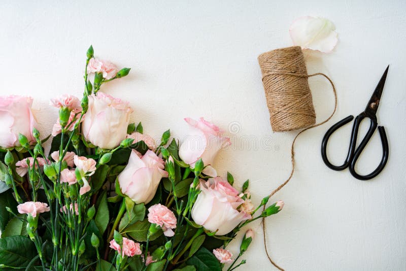 Overhead View of Beautiful Flowers Bouquet, Making Stock Photo - Image ...