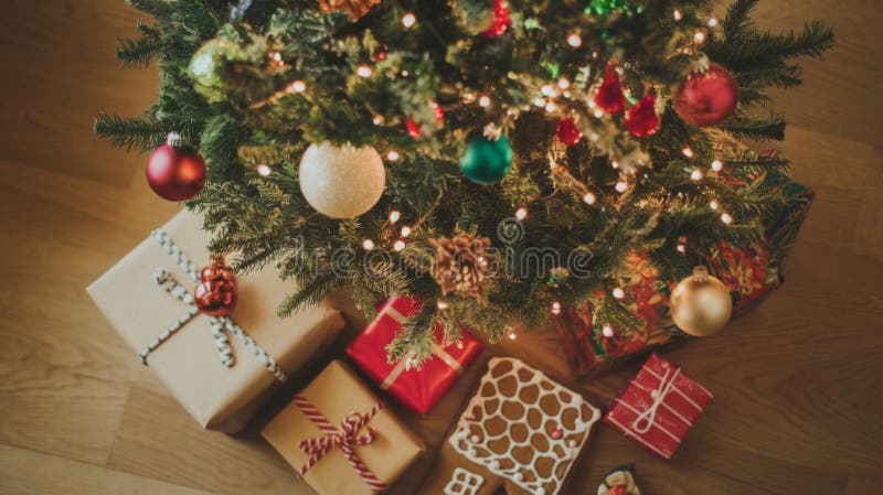 Overhead View of a Beautifully Decorated Christmas Tree with Wrapped ...
