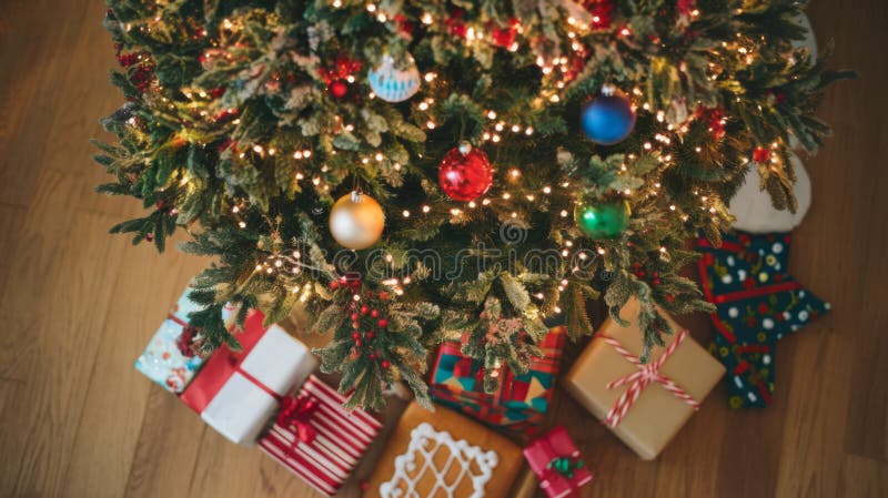 Overhead View of a Beautifully Decorated Christmas Tree with Wrapped ...