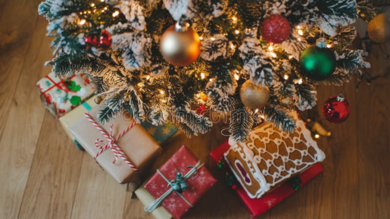 Overhead View of a Beautifully Decorated Christmas Tree with Wrapped ...
