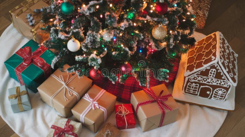 Overhead View of a Beautifully Decorated Christmas Tree with Wrapped ...