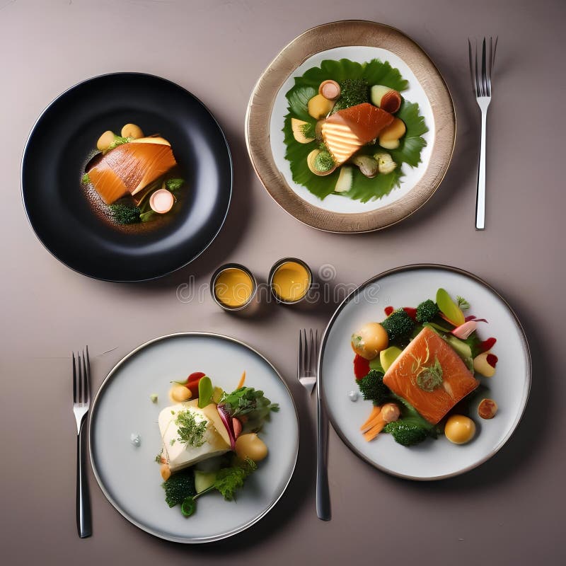 An Overhead View of a Beautifully Plated Three-course Meal2 Stock Image ...