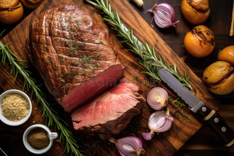 Overhead View of Beef Roast with Garlic Cloves Scattered Around Stock ...