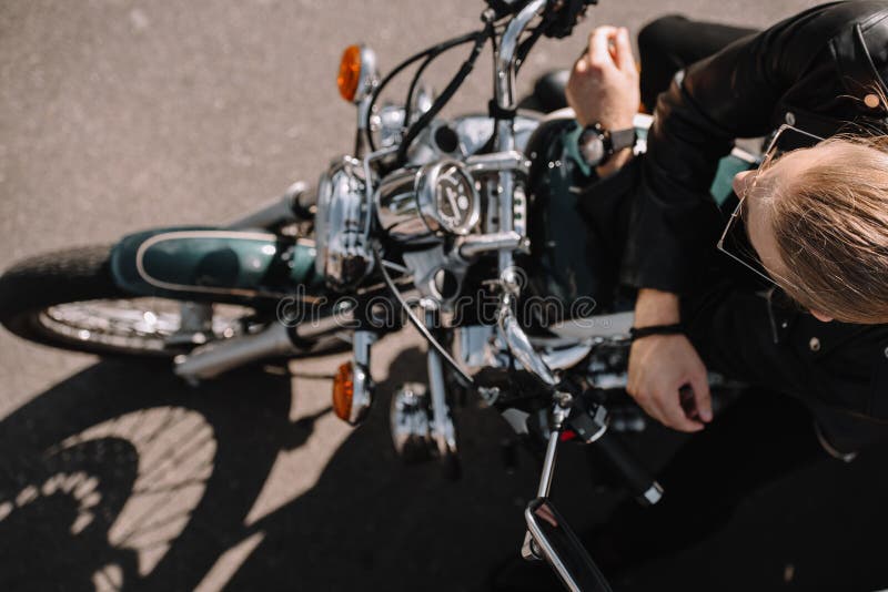 Overhead View of Biker Sitting on Vintage Stock Image - Image of ...