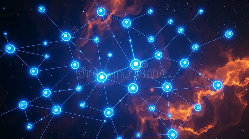Overhead Blockchain with Blue Nodes and Nebula Background. AI Generated ...