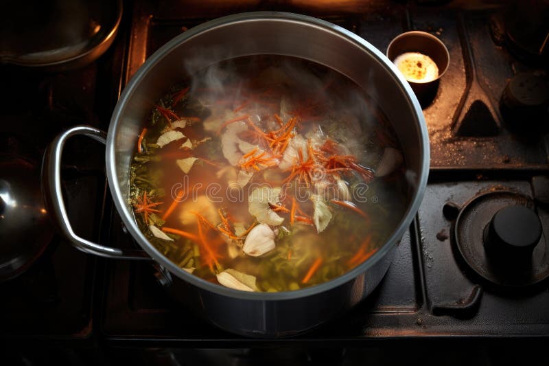 Overhead View of Boiling Pot of Soup on Stove Stock Photo - Image of ...
